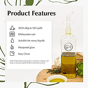 Olietta Glass Non Drip Leak Proof No Mess Oil Dispenser and Vinegar Cruet Pourer for Kitchen 17oz 500ML - Great for Pouring & Drizzling Olive Oil & Liquids - Easy to Clean, Drip Free and Leakproof