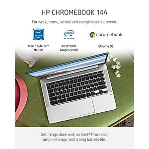 HP Chromebook 14 Laptop, Intel Celeron Processor, 4 GB RAM, 32 GB eMMC, 14” HD (1366 x 768), Display, Chrome OS, Webcam & Dual Mics, Work, School, Entertainment, Long Battery Life (14a-na0120nr, 2021)