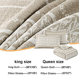 BCOTTOND King Quilt Set, 100% Cotton Boho Quilt King Size Bohemian Striped Pattern Bedspread King Lightweight Quilt Bedding Set Comforter Set All Season Beige Tan White 3 Piece