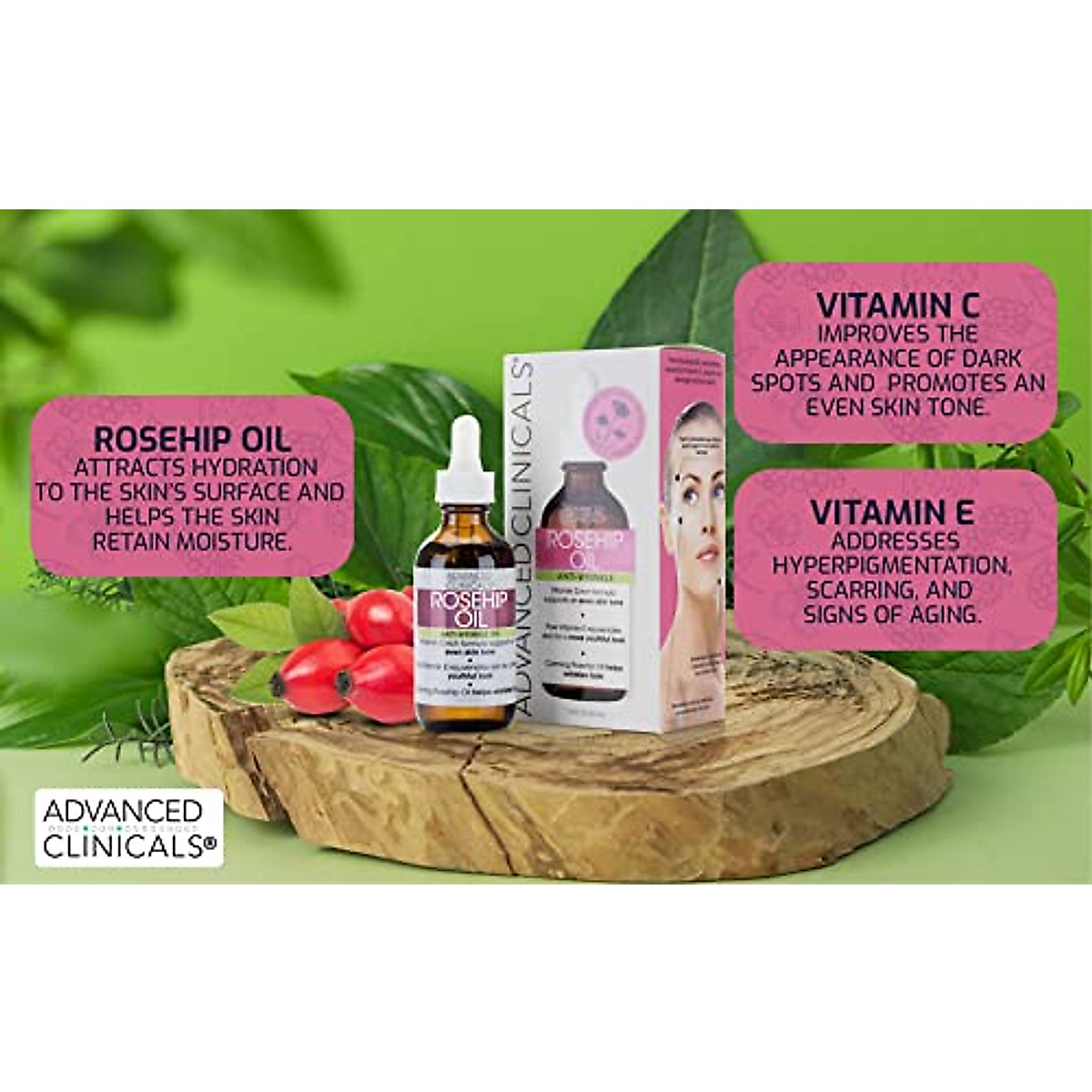 Advanced Clinicals Rosehip Oil Facial Skin Care Serum Moisturizer Face Oil W/Vitamin C & Vitamin E For Reducing Appearance Of Sun Damage Skin, Age Spots, & Wrinkles, 1.8 Fl Oz (Pack of 2)