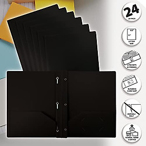 Better Office Products Black Plastic 2 Pocket Folders with Prongs, Heavyweight, Letter Size Poly Folders, 24 Pack, with 3 Metal Prongs Fastener Clips, Black
