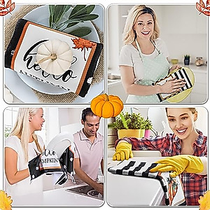 Norme 4 Pcs Thanksgiving Fall Hello Pumpkin Kitchen Towels, 18 x 28 Inch Fall Dish Towels Hello Autumn Polka Dot Stripes Black and White Kitchen Towels Absorbent Drying Cloth for Bathroom Decor Hand