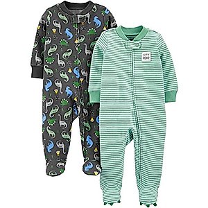 Simple Joys by Carter's Baby Boys' 2-Way Zip Cotton Footed Sleep and Play, Pack of 2, Dinosaur Print, 6-9 Months