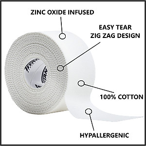 White Athletic Sports Tape - 1.5 Inch x 45 Feet Per Roll - 100 Percent Cotton with Zinc Oxide - Easy Tear Zig Zag Design… (White - 24 Pack)