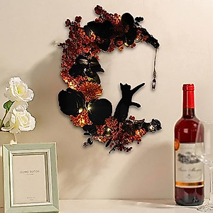 Pacoco Halloween Wreaths Decor with Lights for Front Door, 13.77" Halloween Moon Wreath with Black Cat Wood Wreath Halloween Wreath Horror Decorations for Home Party Window Wall Indoor Outdoor (03)