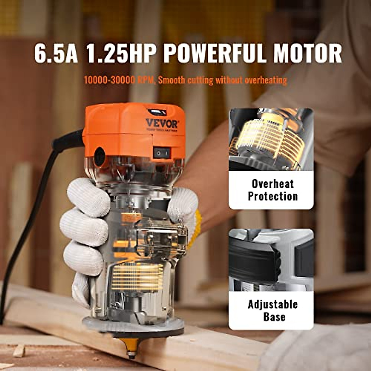 VEVOR Wood Router, 1.25HP 800W, Compact Wood Trimmer Router Tool, 30000RPM Max Speed 6 Variable Speeds, with 1/4'' & 5/16'' Collets 12 PCs Milling Cutters Dust Hood, for Woodworking Slotting Trimming