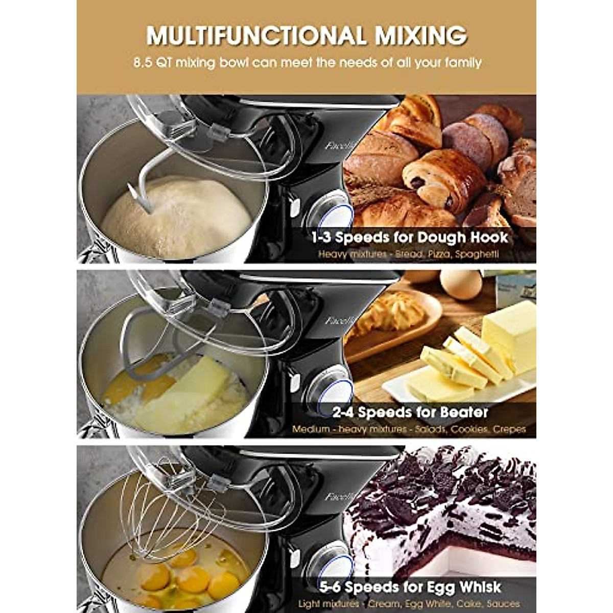 Facelle Stand Mixer, 8.5 Quart Electric Mixer, 660W 6-Speed Tilt-Head Kitchen Electric Food Mixer with Beater, Dough Hook and Wire Whip, Black