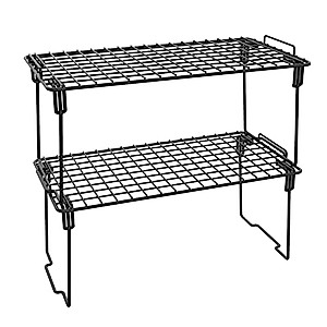 EMT ETRENDS Stackable Storage Shelf, 2-Tier Metal Shelves, Small Mesh Folding Shelf Stand for Cabinet, Kitchen Storage, Spice Racks, Makeup, Bathroom Organizer Rack (2 Tier Foldable, Black)