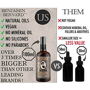 Premium Beard Oil by Benjamin Bernard - Male Grooming Blend with Essential Oils, Vitamin E - Natural Hydrating Treatment - Facial Hair Shaping Serum Softener for Men - Tobacco Vanille - 3.38 fl.oz