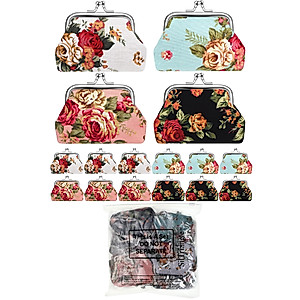 SilTriangle 16 Pcs Canvas Floral Buckle Coin Purses Vintage Kiss Lock Change Purses Bulk Rose Flower Wallet for Women(4 x 3 Inch)