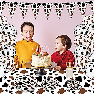 Brown Cow Prints Plates and Napkins Party Supplies, Highland Cow Birthday Decorations-Cow Print Tablecloth, Banner, Plates and Napkins, Balloons, Straws for Farm Party Baby Shower, Cowboy Cowgirl