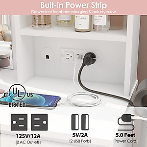 Vabches Makeup Vanity with Lights, 37inch Vanity Desk with Power Strip, 4 Drawers Makeup Table with Lighted Mirror, 3 Lighting Colors, White