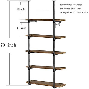 Yuanshikj 2Pc (70" Tall 12" deep 3/4") Industrial Wall Mount Iron Pipe Shelf Shelves Shelving Bracket Vintage Retro Black DIY Open Bookshelf Storage Home Kitchen (2 Pcs 5Tier Hardware only)