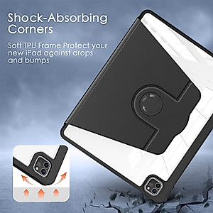 Soke Hybrid Rotating Case for iPad Pro 12.9 Inch (6th/5th/4th/3rd Generation, 2022/2021/2020/2018) - 360 Degree Rotating Stand + Pencil Holder + Auto Sleep/Wake, Shockproof Clear Back Cover,Black