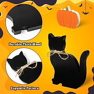 JAPBOR 4PCS Halloween Wooden Centerpieces Table Decorations, Black Cat Pumpkin Tiered Tray Set Decor, Reversible Happy Fall Halloween Party Themed Sign Wood Block Table Topper Décor for Home Kitchen