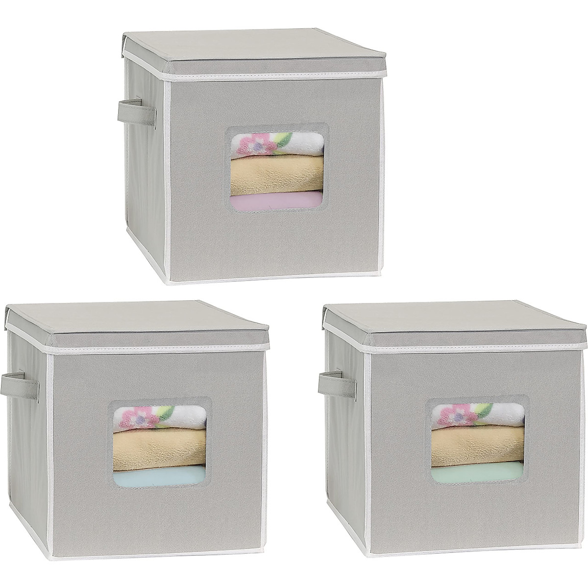 Simple Houseware 3-Pack 12-Inch Cubic Storage Basket w/Lid, Window and Side Handles, Grey