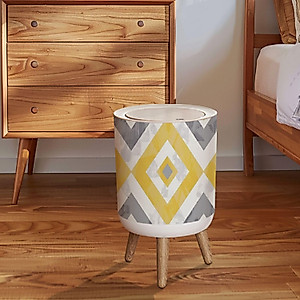 LGCZNWDFHTZ Small Trash Can with Lid for Bathroom Kitchen Office Seamless Abstract Geometric Pattern Pastel Yellow Gray White Diagonal Garbage Bin Waste Basket Decorative 1.8 gallons, 14x9inch