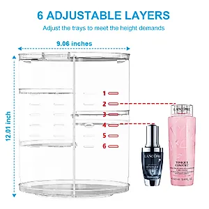360 Rotating Makeup Organizer, DIY Adjustable Bathroom Perfume Organizer Spinning Cosmetics Organizer Countertop For Vanity Large Capacity Acrylic Fits Makeup Brushes Lipsticks Clear