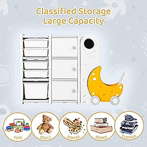 duke baby Kids 3 Layer Toy Storage Organizer with 5 Storage Bins, 3 Toy Cabinets with Doors, Display Bookshelves and Toy Cart for Kids Playroom Bedrooms Age 1-12, Space Collection Medium