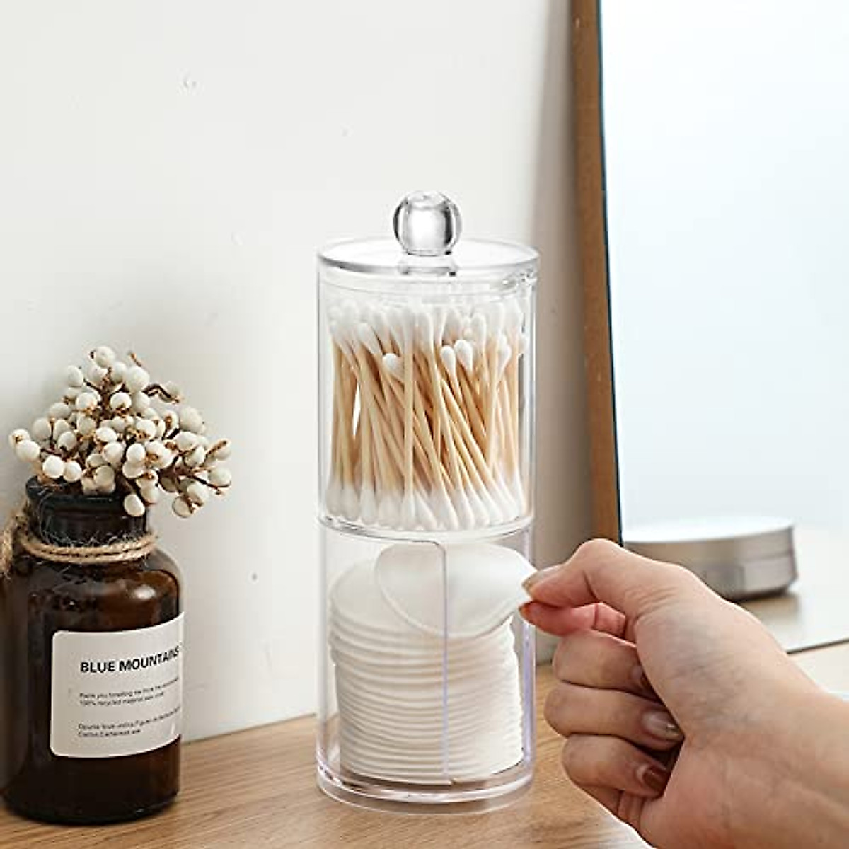 EOFJRUC Cup Dispenser for Bathroom 4 Pack, Qtip Holder for Cotton Ball Swab, Cotton Round Pads, Floss, Fit for 3-4 oz Cup for Bathroom Canister Storage Organization, Vanity Makeup Organizer-Clear