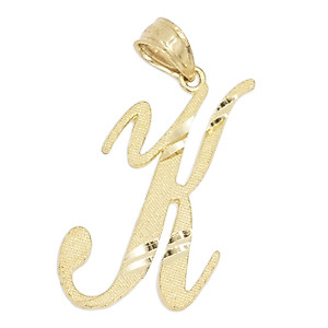 Ice on Fire Jewelry 14k Solid Real Gold Cursive Initial Pendant, English Alpahbet A-Z Letter Charm with Diamond Cut (K)