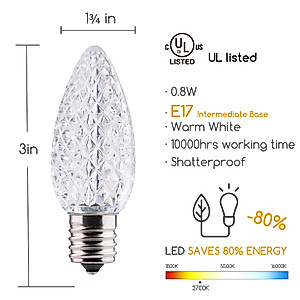 25 Pack C9 Led Replacement Christmas Light Bulb, C9 Shatterproof Led Bulb for Christmas String Light, E17 Intermediate Base, Commercial Grade Dimmable Bulbs, Warm White