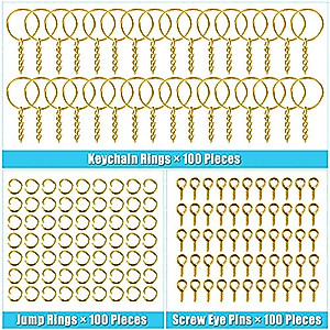 Keychain Rings for Crafts Gold, PAXCOO Key Chains Rings Kit Includes 100Pcs Split Key Ring with Chain, 100pcs Jump Rings and 100pcs Screw Eye Pins for Resin Keychain Making