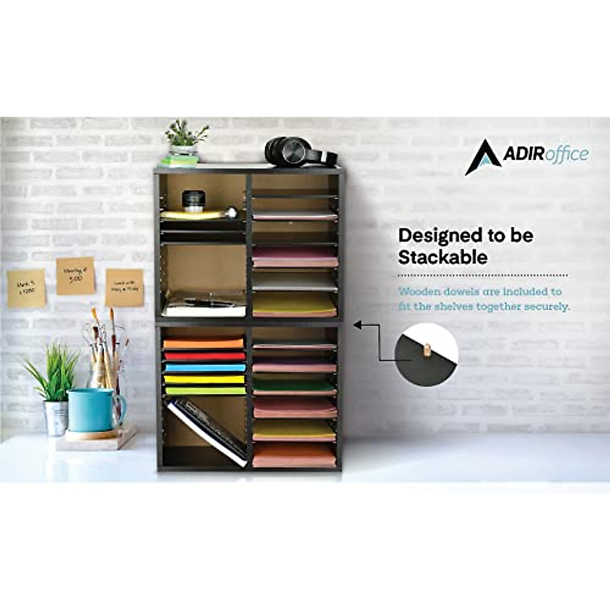 Adir Wooden Literature Organizer Sorter - Stackable File Mail Craft Paper Storage Holder with Removable Shelves for Office, Classrooms, and Mailrooms Organization (12 Compartment, Black)