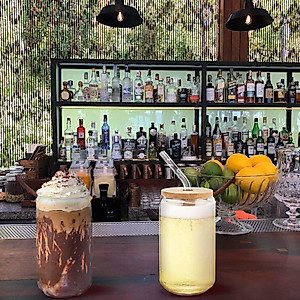 Demarzily 4 Pack Glass Cups with Lids and Straws,17oz Beer Can Drinking Glasses,Iced Coffee Tumbler, Beer Glasses Cup,High Borosilicate Glass for Smoothies, Tea, Cola, Juice,Soda - 2 Cleaning Brushes