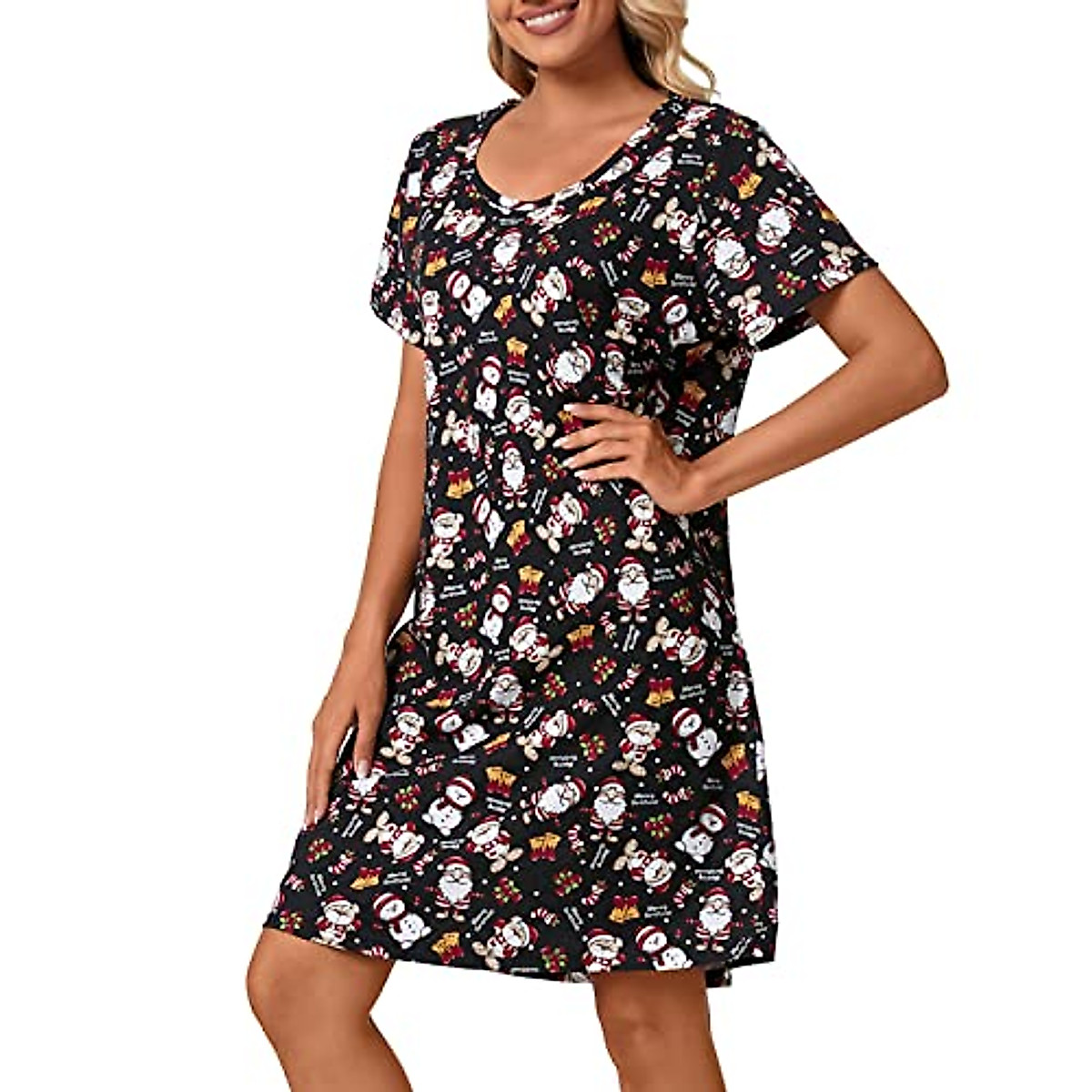 Tugege Women's Nightgown Short Sleeve Sleepshirts House Dress Sleepwear Casual Print Pajama (Christmas Snowman, Medium)