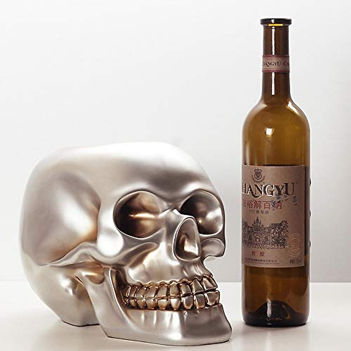 PIBM Stylish Simplicity European Retro Personality Skull Shape Wine Rack Resin Silver Crafts Home Desktop Porch Ornaments Bar Decorations Beautiful and Elegant