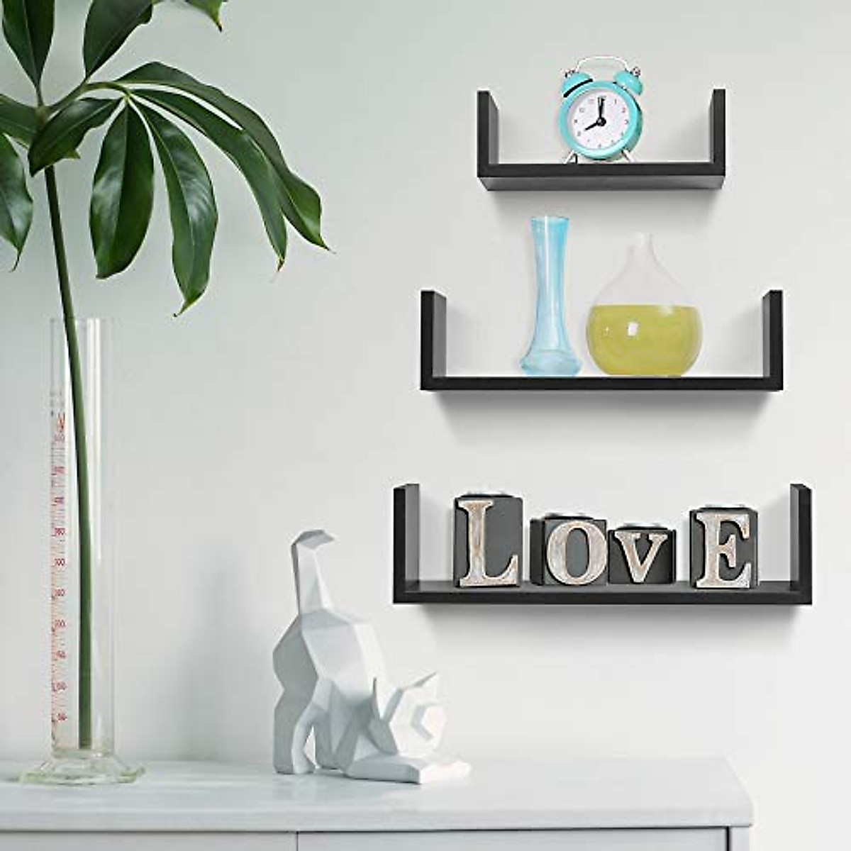 Americanflat Black Floating Shelves - Set of 3 - U Shaped Wall Mounted Display Ledges for Bedroom, Living Room, Bathroom, Kitchen, and Office