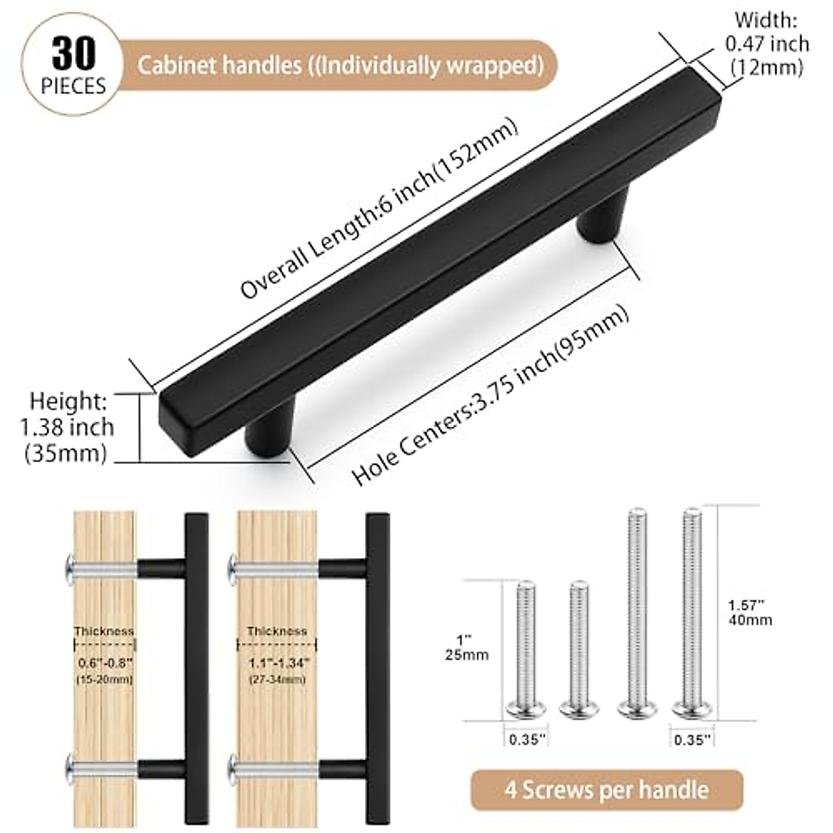 Qibaok 30 Pack Square Cabinet Handles Matte Black Cabinet Pulls 3-3/4" Hole Centers Drawer Pulls Stainless Steel Kitchen Handles for Cabinets, 6”Length Cabinet Hardware for Bathroom Farmhouse