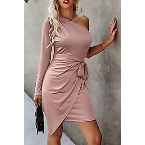 PRETTYGARDEN Women's Fall Fashion One Shoulder Long Sleeve Bodycon Dresses Ruched Irregular Hem Mini Dress (Long Sleeve Nude Pink,X-Large)