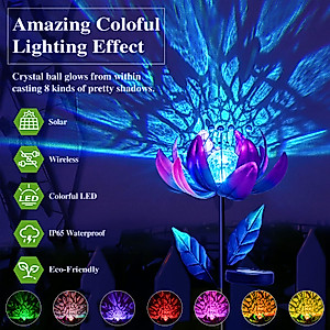 AIINY Solar Purple Metal Flower Wind Spinners, Colorful Spinning Windmill Lotus Yard Art Lights Wind Pinwheels with LED Crystal Ball Decorative Stake Lighting Flower Sculpture