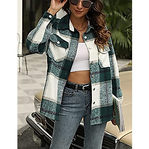 Tanming Womens Brushed Flannel Plaid Lapel Button Short Pocketed Shacket Shirts Coats（01 Green-M）