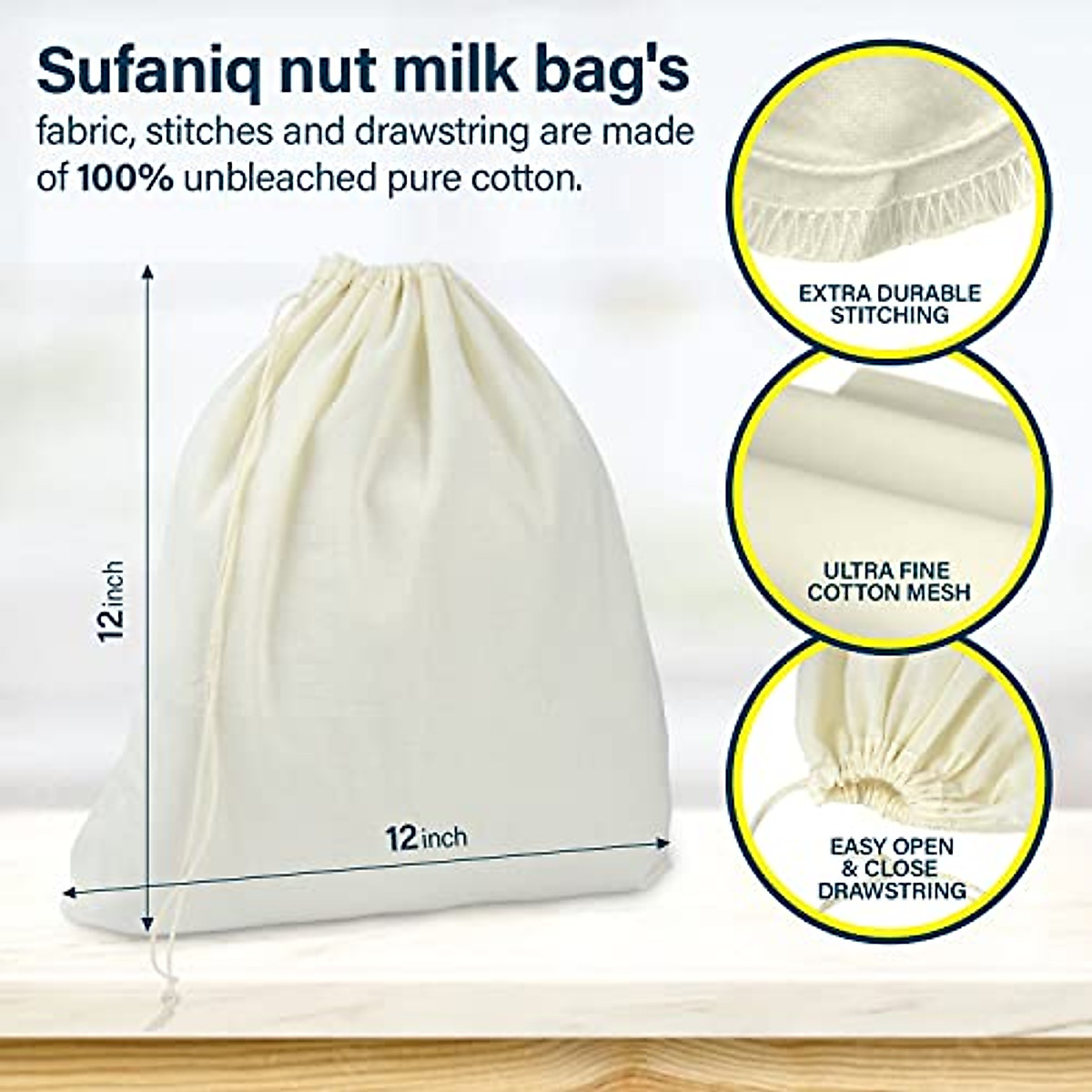 Sufaniq Nut Milk Bag - 2 Pack (12 x 12 Inches) 100% Unbleached Cotton Cheesecloth Bag, Premium Quality Reuseable Nut Bag Strainer for Almond, Soy, Oat Milk, Tea, Juices, Cold Brew Coffee