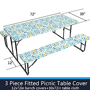 Famibay Fitted Picnic Table Cover and Bench Covers Boho Picnic Table Covers with Elastic Edges Camping Tablecloth Washable Reusable for Outdoors, Camping, BBQ(Blue, 12" x72"+30" x72")