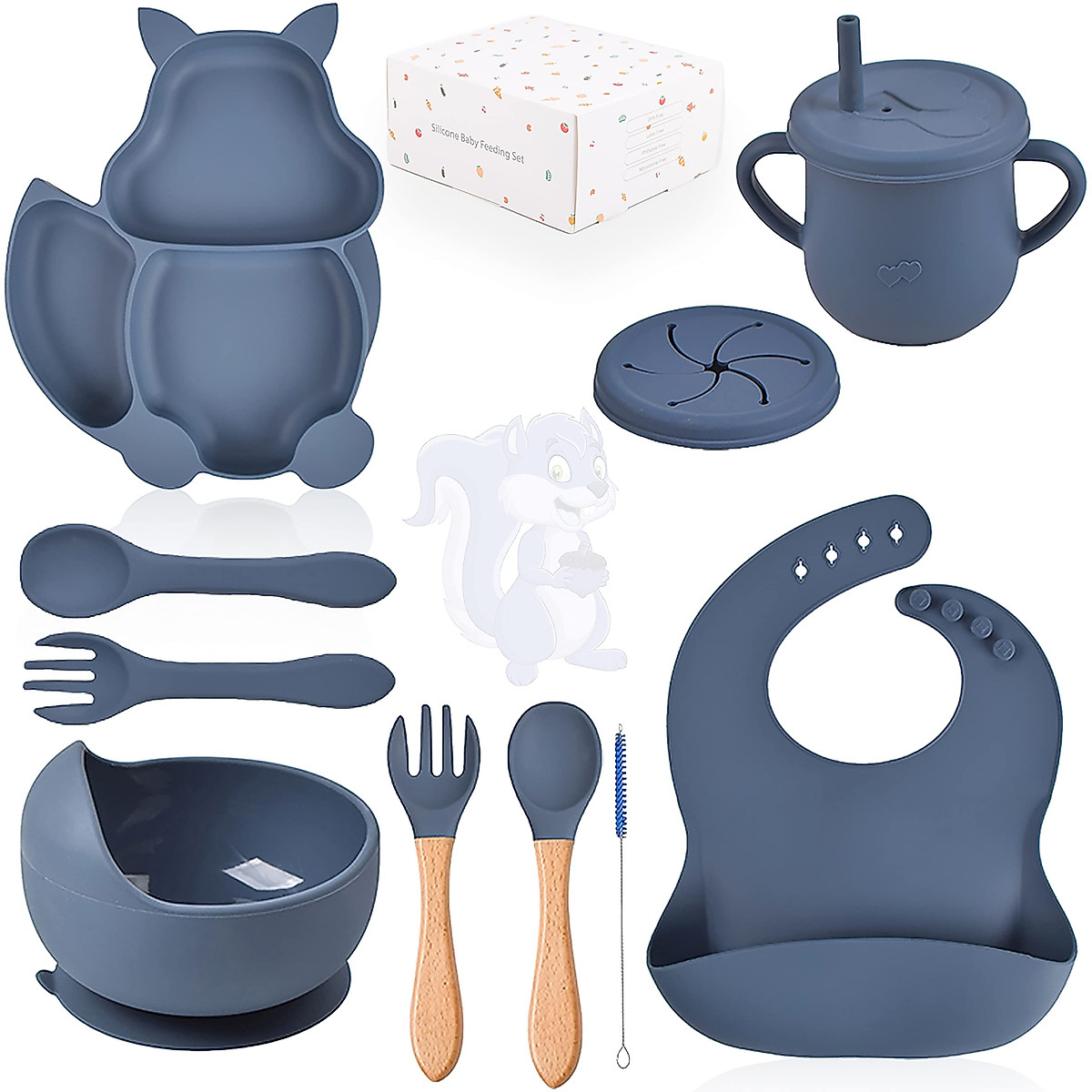 Silicone Baby Feeding Set,11Pack Toddlers Weaning Feeding Sippy Cup with Straw and Lid,Baby Bibs,Squirrel Plate Bowl With Suction,Baby Feeding Supplies Set (Squirrel-Deep Blue)