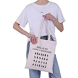 VAMSII ASL Tote Bag Sign Language Teacher Gift ASL Interpreter Deaf Gifts Casual Tote Shopping Handbag Bag ASL Gifts (ASL Tote Bag)