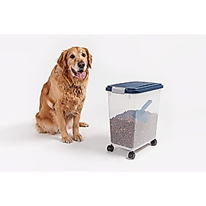 IRIS USA 25 Lbs / 33 Qt WeatherPro Airtight Pet Food Storage Container with Attachable Casters, For Dog Cat Bird and Other Pet Food Storage Bin, Keep Fresh, Translucent Body, Easy Mobility, Navy