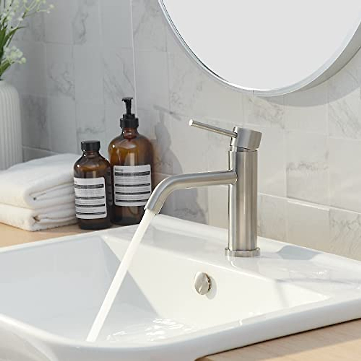 BATHLAVISH Bathroom Sink Faucet Brushed Nickel Single Hole Single Handle Modern Vanity Lavatory Mixer Tap RV Deck Mounted with Pop Up Drain with Overflow Combo