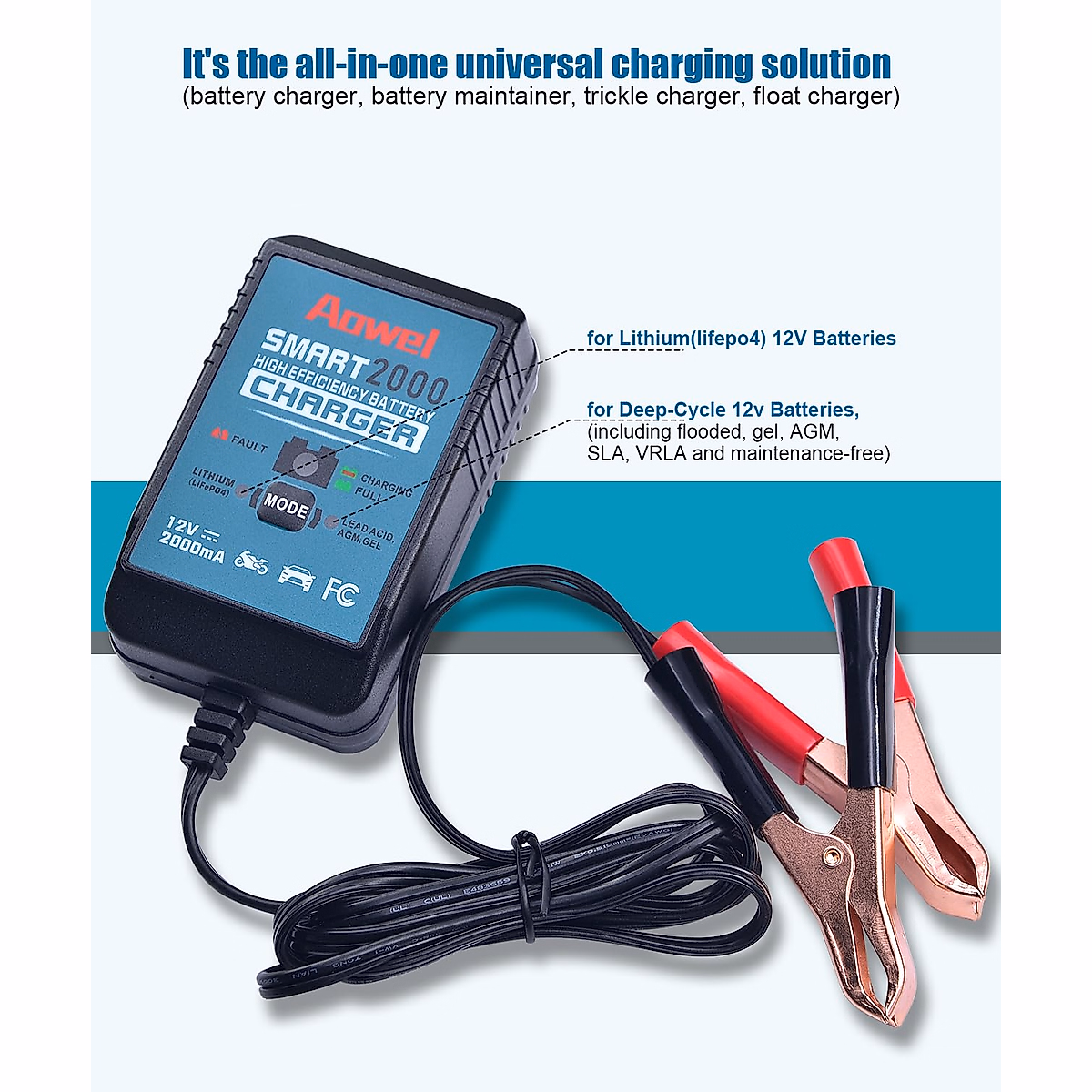 Aowel 12V, 2-Amp Fully Automatic Battery Charger & Maintainer for Car, Lawn Mower, ATV, Motorcycle, Boat, Marine Lithium(LifePO4) and AGM, Deep Cycle Lead-Acid Batteries