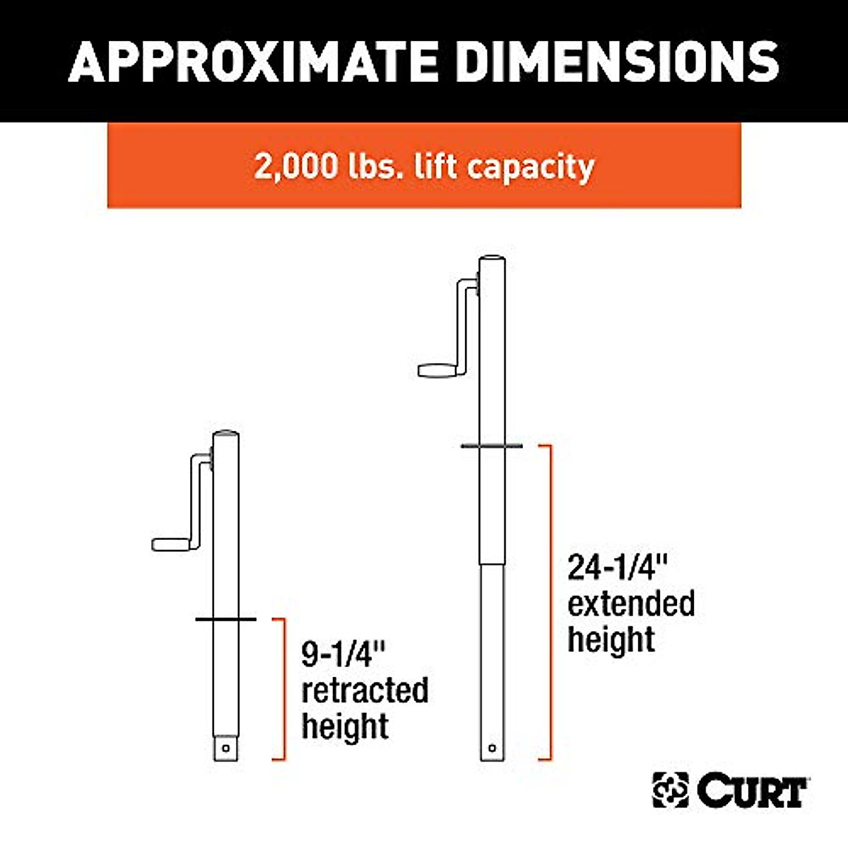 CURT 28204 A-Frame Trailer Jack, 2,000 lbs, 15 Inches Vertical Travel , Black