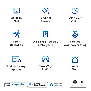 TP-Link Tapo 2K QHD Outdoor Wireless Security Camera System, Up to 180 Day Battery, Color Night Vision, Starlight Sensor, Motion/Person/Pet/Vehicle Detection, works w/Alexa &Google Home(Tapo C420S2)