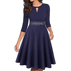 OWIN Women's Vintage Floral Flared A-Line Swing Casual Crew Neck 3/4 Sleeve Party Dresses with Pockets Navy S