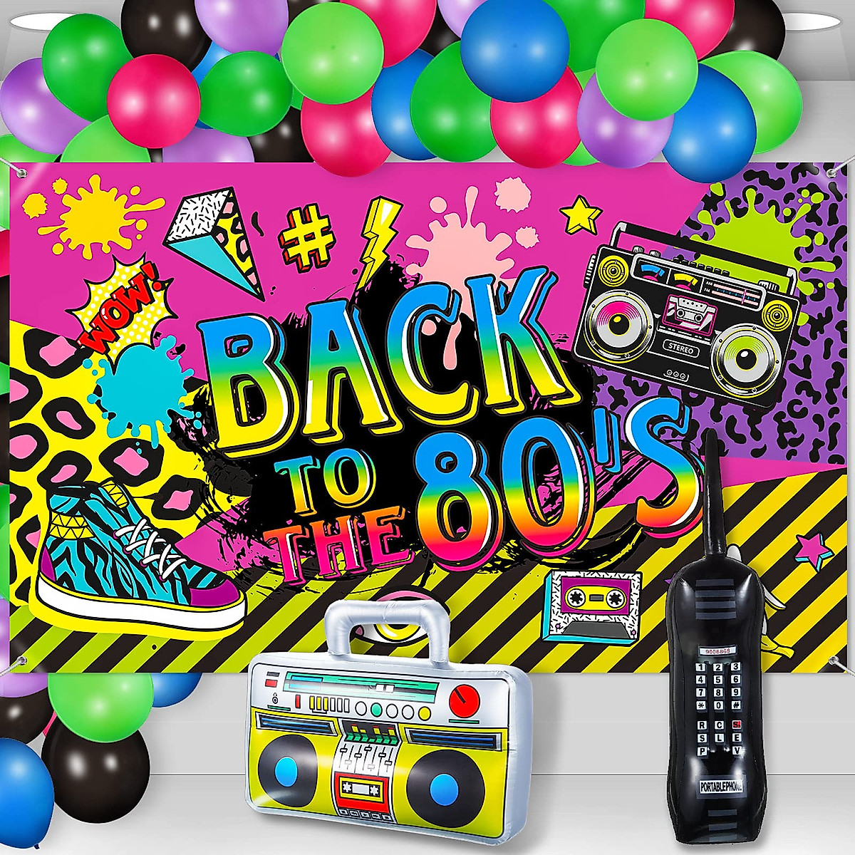 Xuhal 80's Party Decorations Back to the 80s Party Backdrop Banner with Inflatable Radio Boombox and Mobile Phone Latex Balloons for 80s Hip Hop Themed Birthday Photo Booth Background Party Supplies