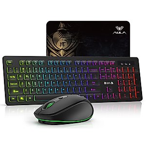 AULA Wireless Keyboard and Mouse Combo, RGB Backlit, Rechargeable & 2.4GHz Quiet Wireless Gaming Keyboard Mouse, Full-Size Ergonomic Keyboard Mouse & Mousepad Combo for PC, Windows and Mac