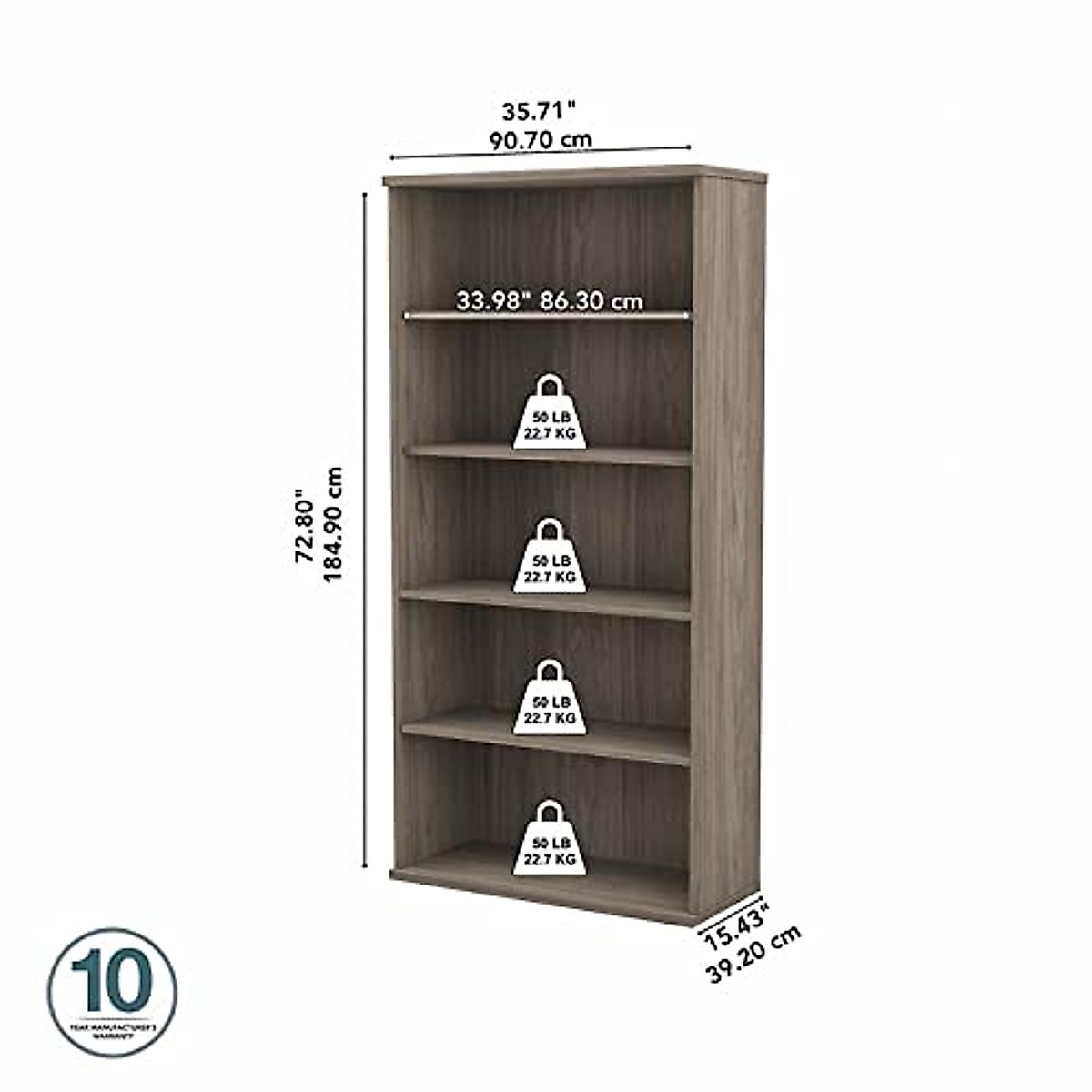 Bush Business Furniture Hybrid Tall 5 Shelf Bookcase in Modern Hickory