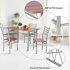 Giantex Modern 5 Piece Dining Table Set with 4 Chairs Metal Frame Wood Like Kitchen Furniture Rectangular Table & Chair Sets for Dining Room (Shallow Walnut)